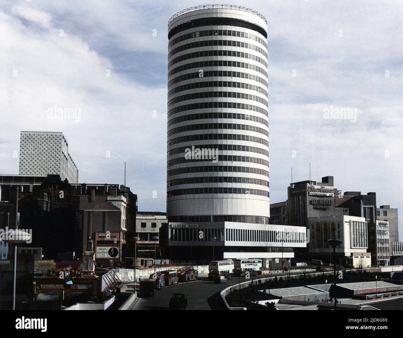 The Rotunda and St. Martin's Circus, Birmingham, England. Colourised ...