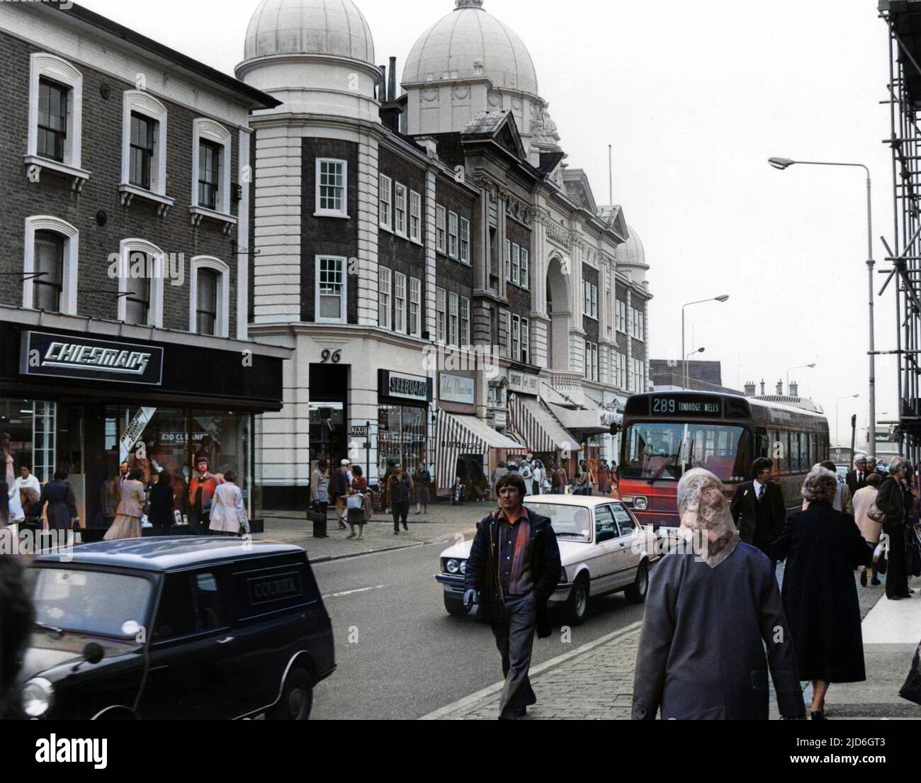A busy scene on the high street at (Royal) Tunbridge Wells, Kent ...