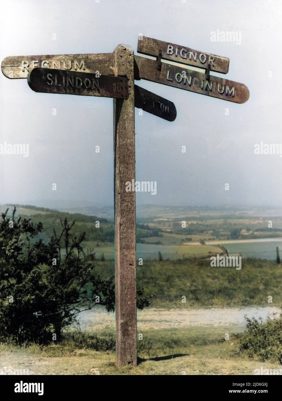 This signpost, near Bignor, Sussex, England, is on Stane Street and ...