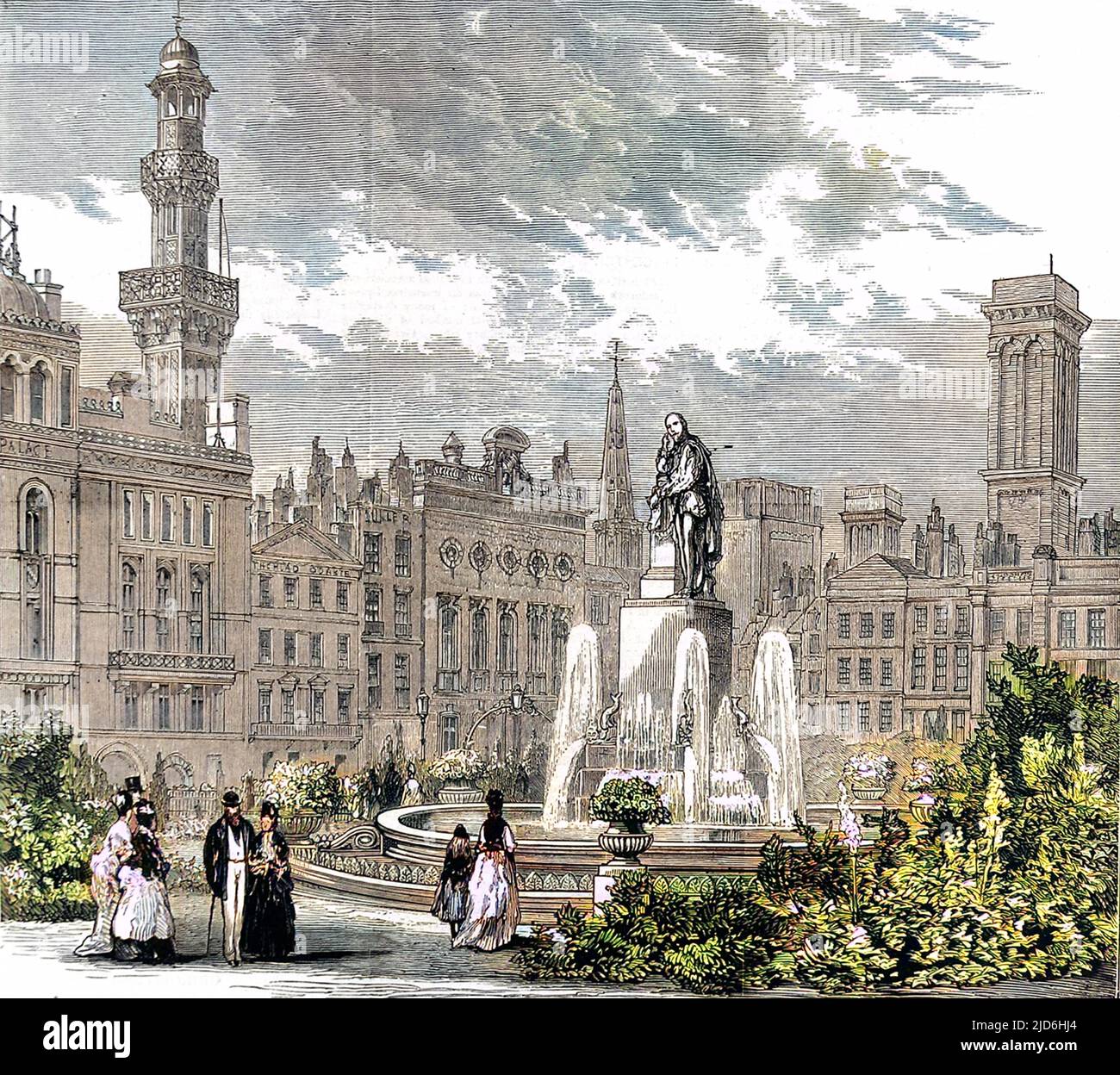 The garden, with fountains, of Leicester Square, London. Colourised ...