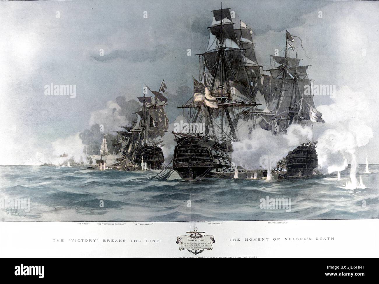 Illustration showing the moment during the Battle of Trafalgar, 21 ...
