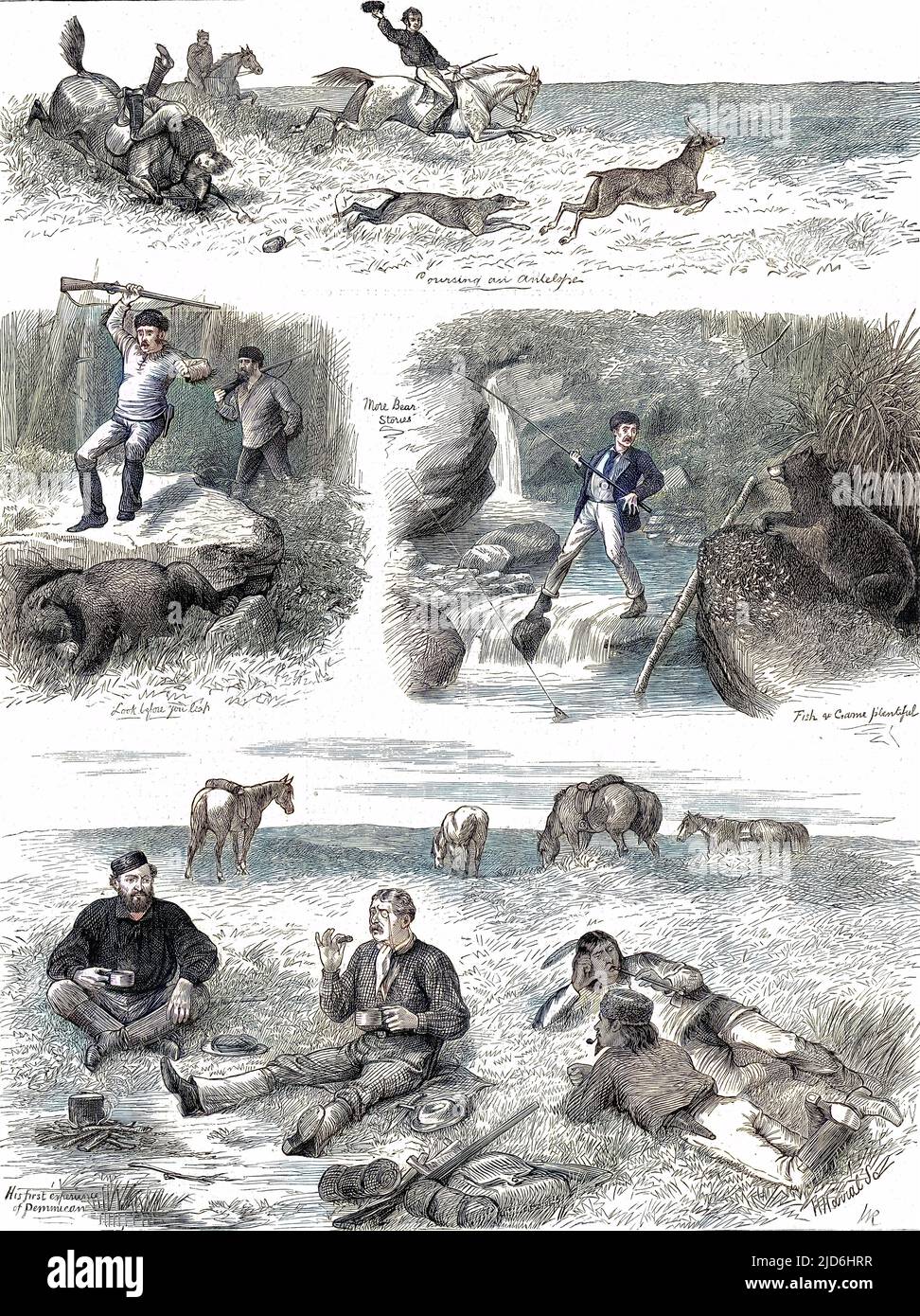 Four views of European men hunting and fishing in Manitoba, Canada. The ...