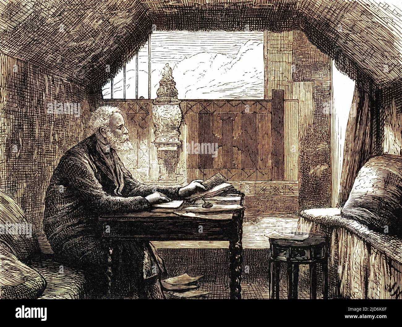 VICTOR HUGO writing in his study at Hauterville House, during his exile ...