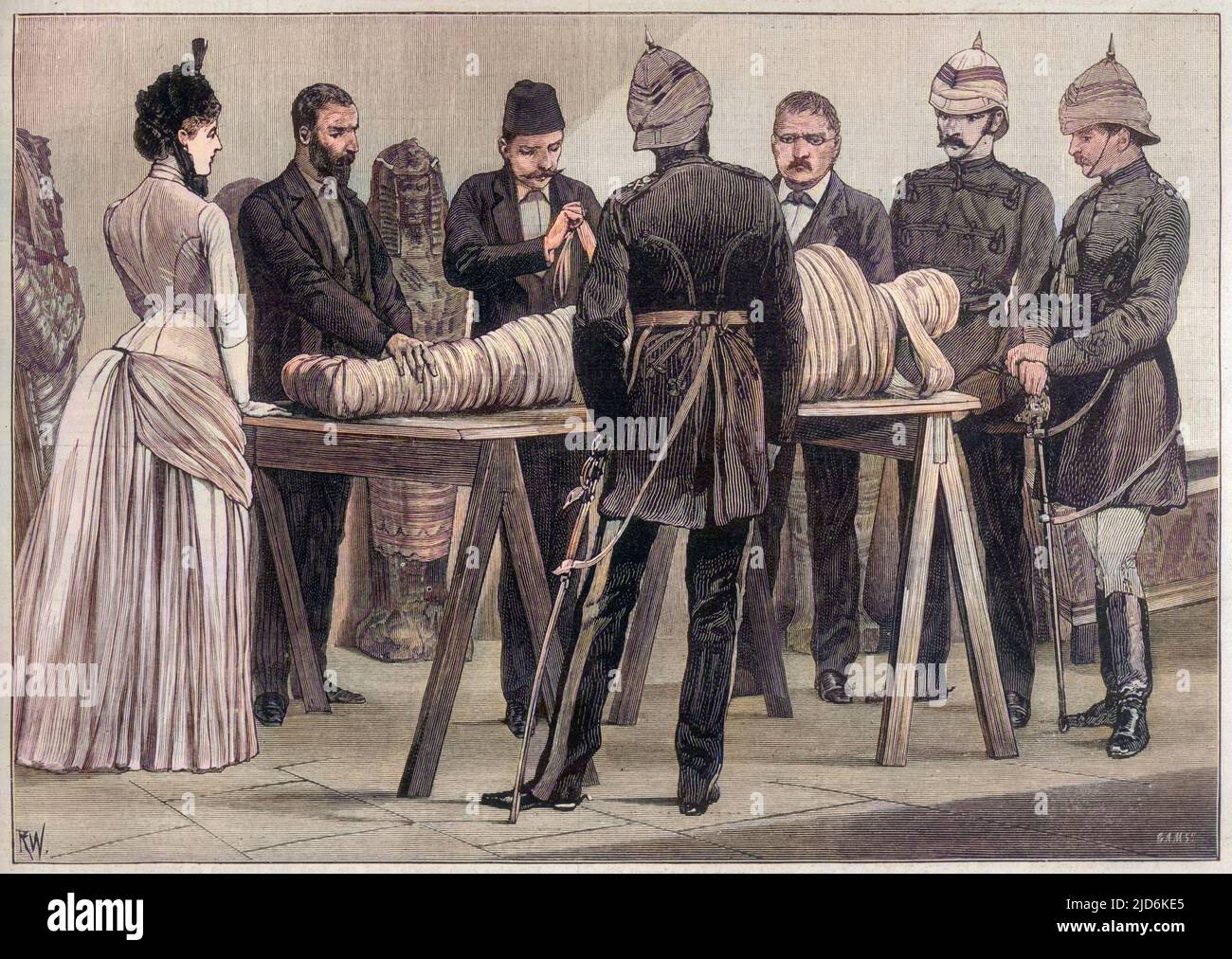 Professor Maspero unwraps a mummy in the Boulak Museum, Cairo. See ...