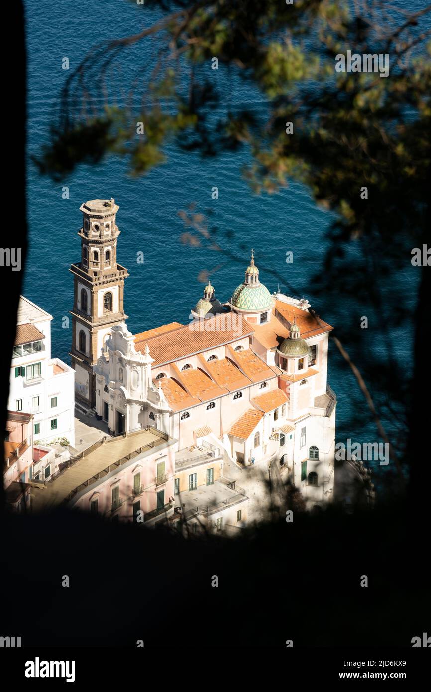 View from above, stunning aerial view of a beautiful old church with a ...