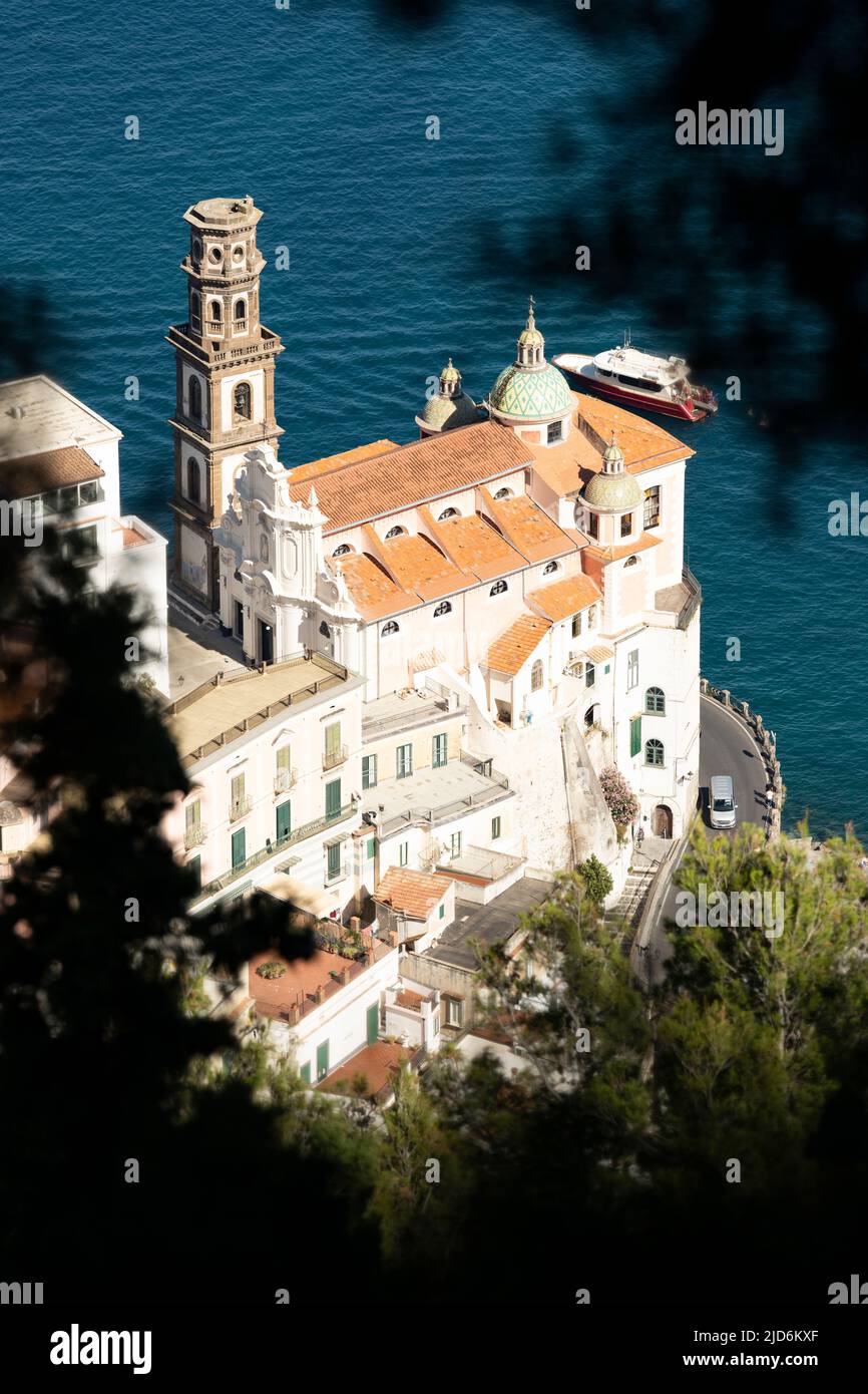 View from above, stunning aerial view of a beautiful old church with a ...