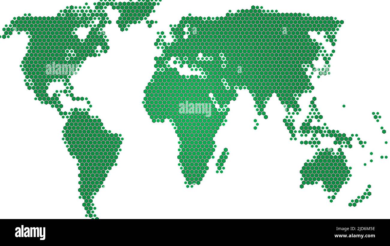 World map made of green hexagons, white background. Abstract world map ...