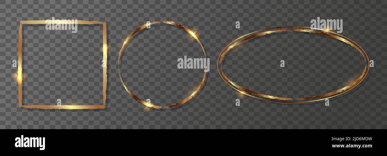 Realistic golden round, square, oval frame on transparent background ...