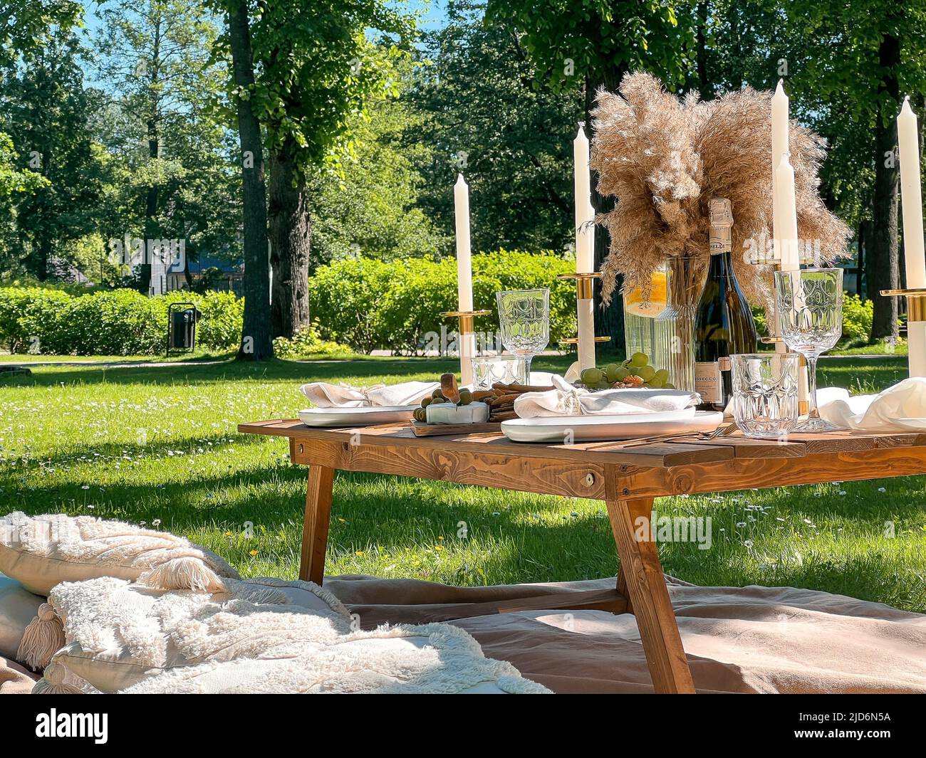 Beautiful picnic table with a wine, snacks and fruits in a beautiful ...
