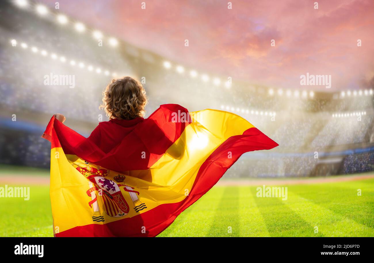 Spain football supporter on stadium. Spanish fans on soccer pitch ...