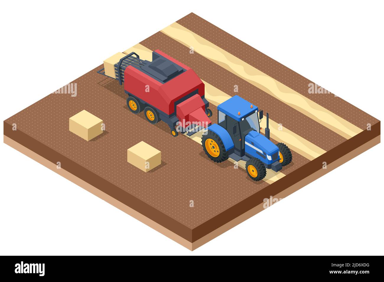 Isometric Tractors Mowing, Raking, Baling Hay. Hay stacks after harvesting grain crops. Tractor ...
