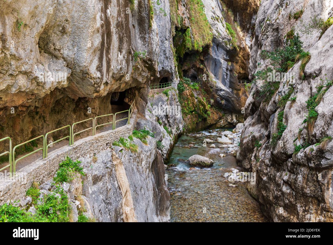 Path of the Cares river, road built in the rock based on tunnels, in ...
