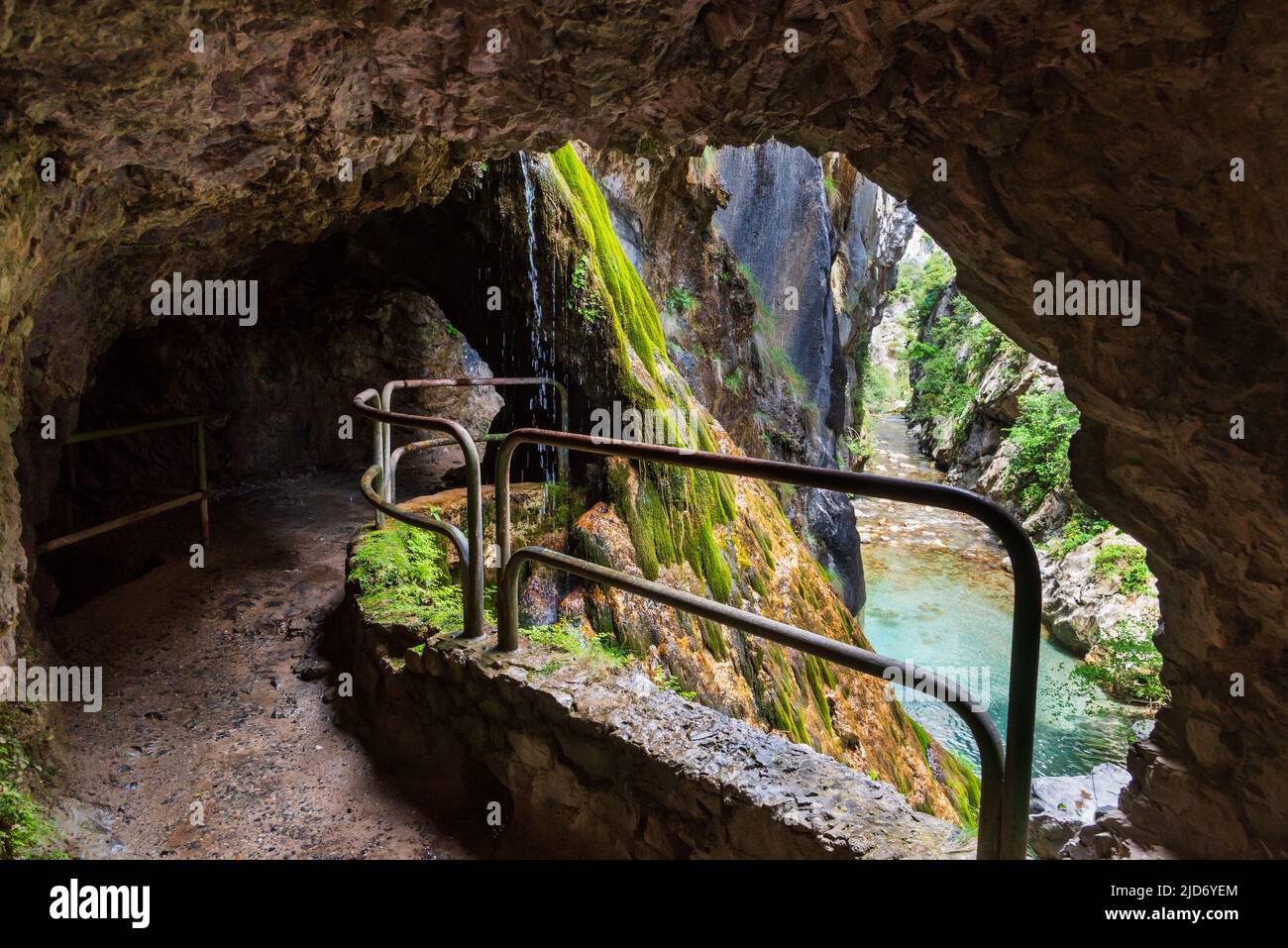 Path of the Cares river, road built in the rock based on tunnels, in ...