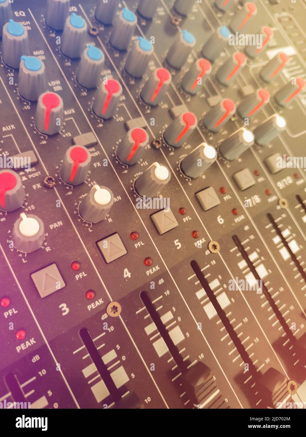 close-up of the sound mixing console for voice and loudspeaker control ...