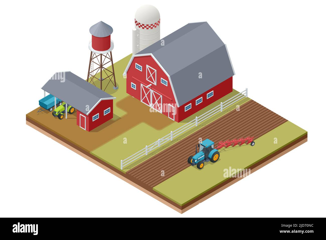 Isometric Farm building with agricultural tractor, cultivated fields ...