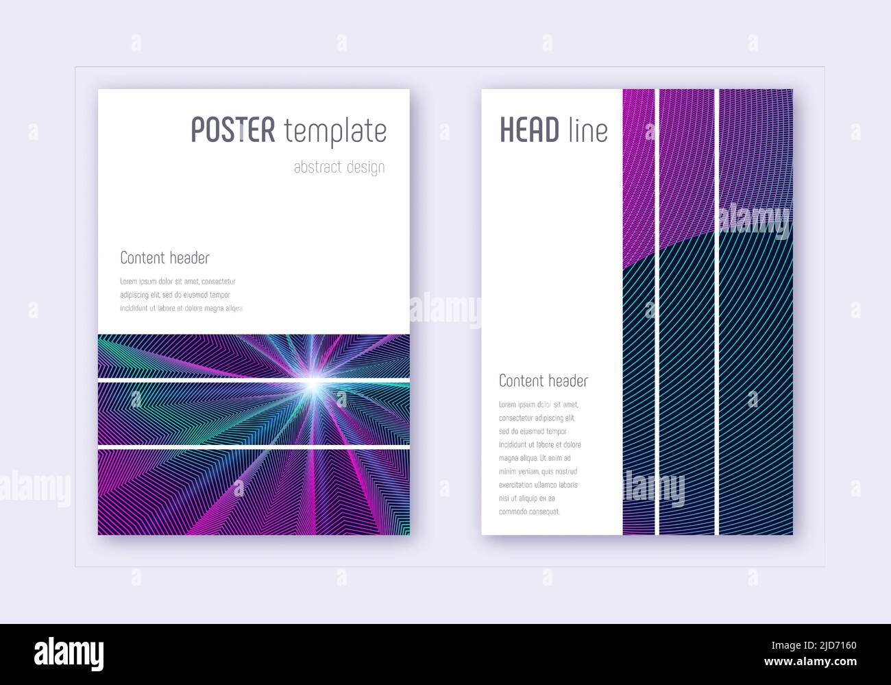 Geometric cover design template set. Neon abstract lines on dark blue background. Bewitching ...