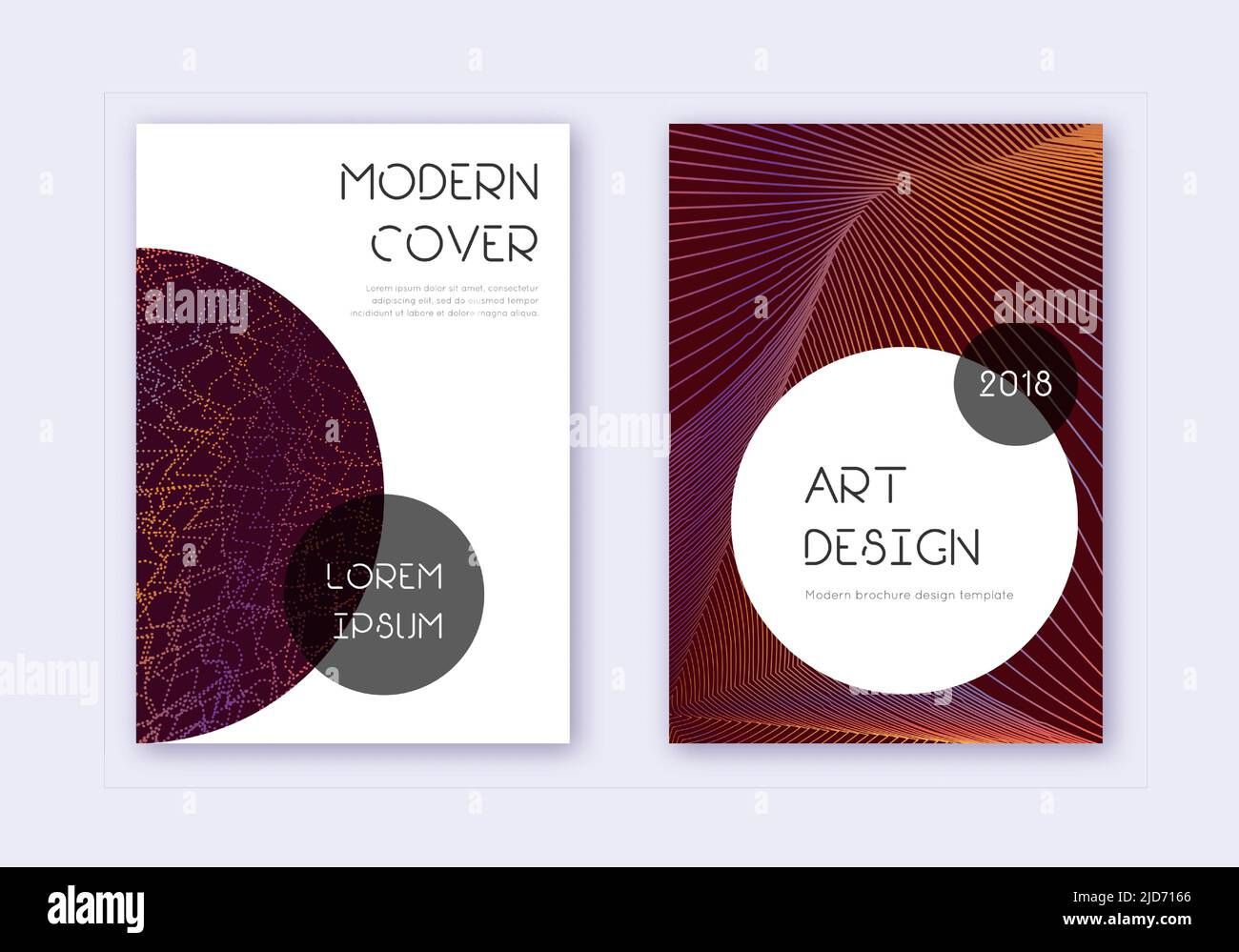 Trendy cover design template set. Orange abstract lines on wine red ...