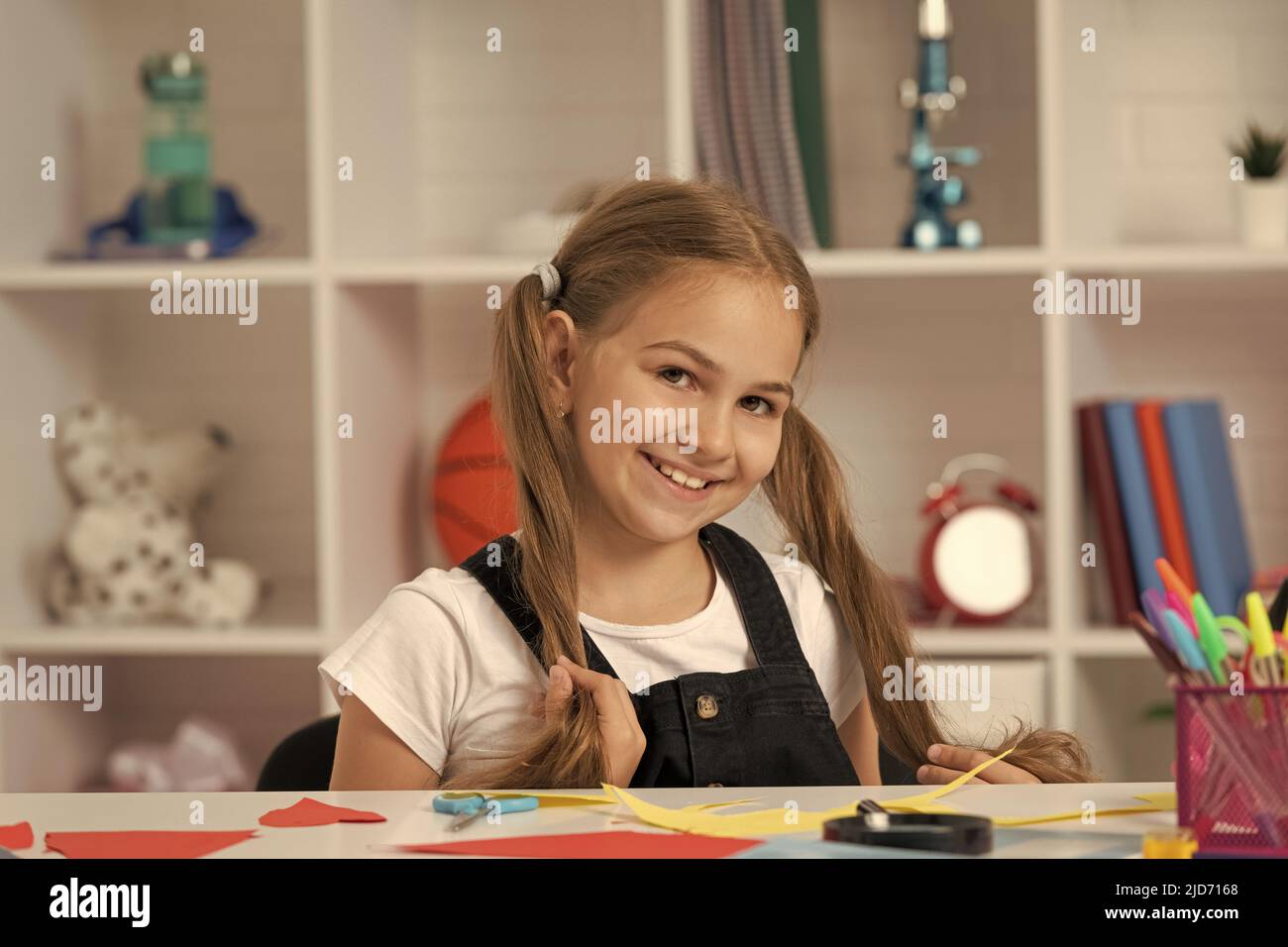 happy childhood. cheerful kid going to do homework. smiling teenager ...