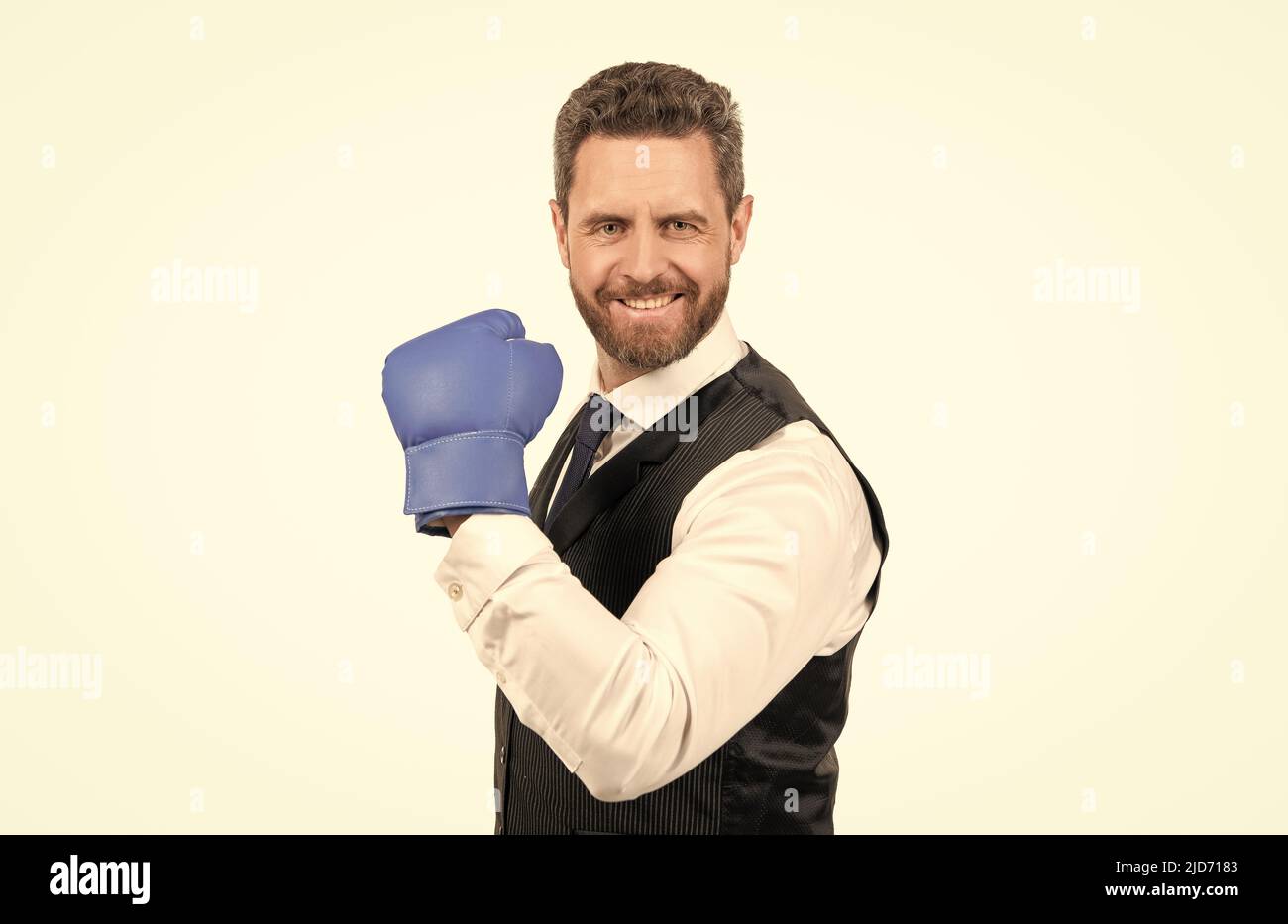 happy guy in boxing gloves and formalwear isolated on white background ...
