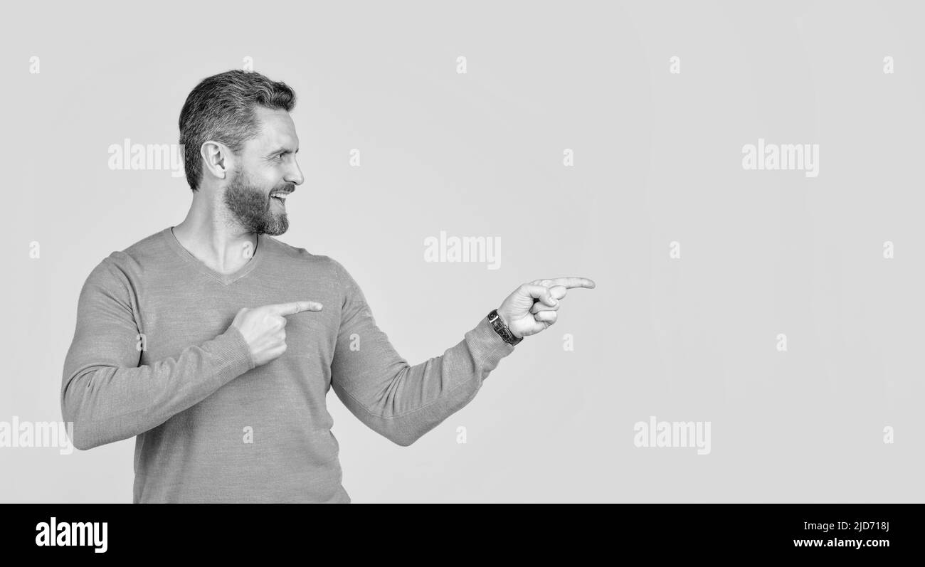 Advert happy man pointing Black and White Stock Photos & Images - Alamy