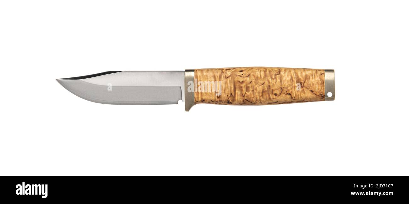 Modern hunting knife with silver blade and rubber handle. Steel arms ...