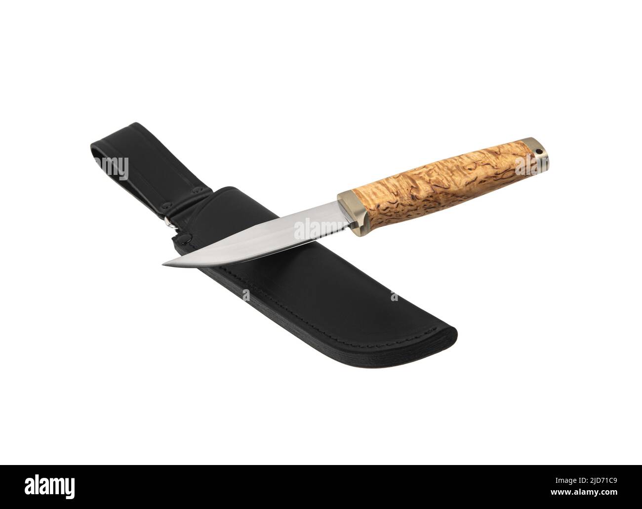 Modern hunting knife with silver blade and rubber handle. Steel arms ...