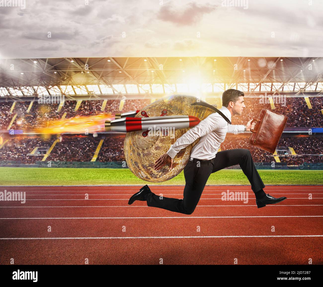 Businessman slow like a snail runs fast thanks to rockets Stock Photo ...