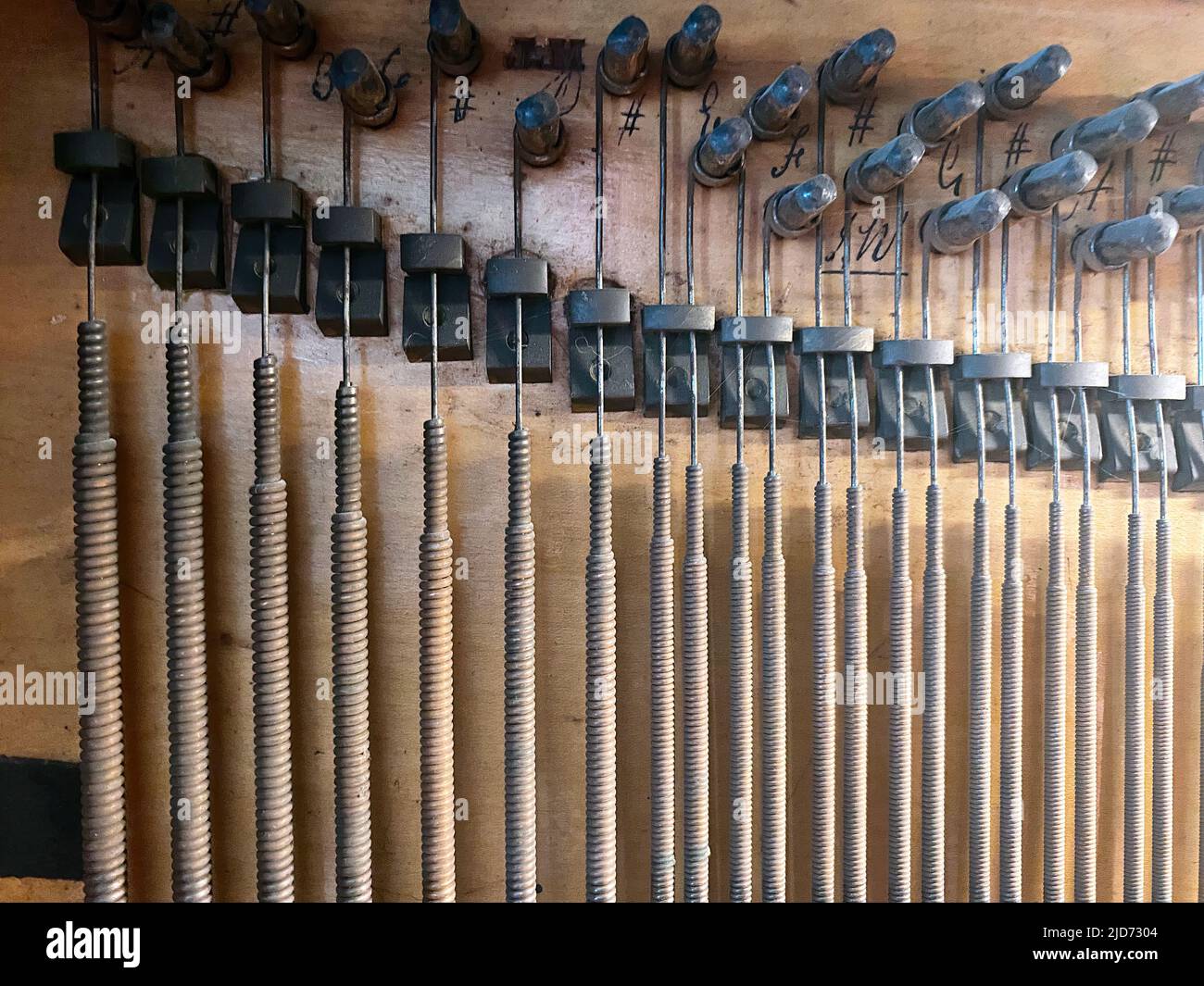 Strings inside vintage wooden piano Stock Photo - Alamy