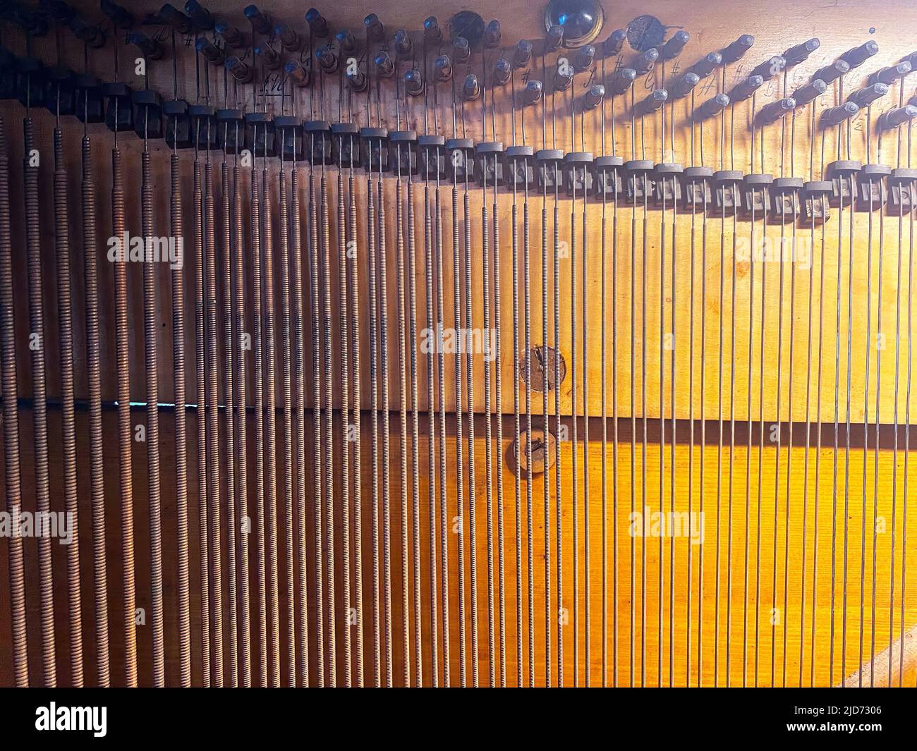 Strings inside vintage wooden piano Stock Photo - Alamy