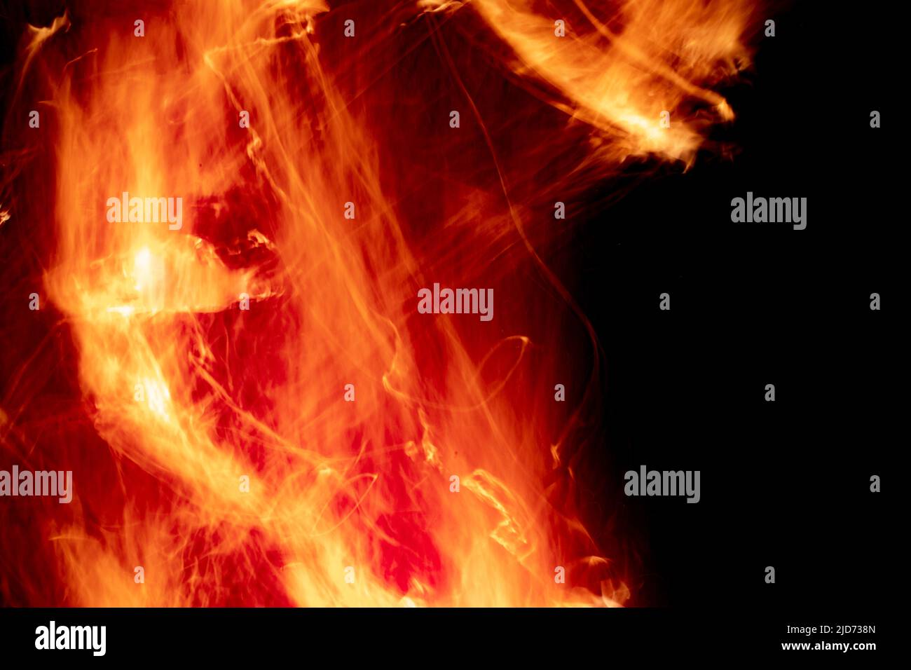 Texture of fire. Flames in night. Burning firewood. Bonfire in woods ...