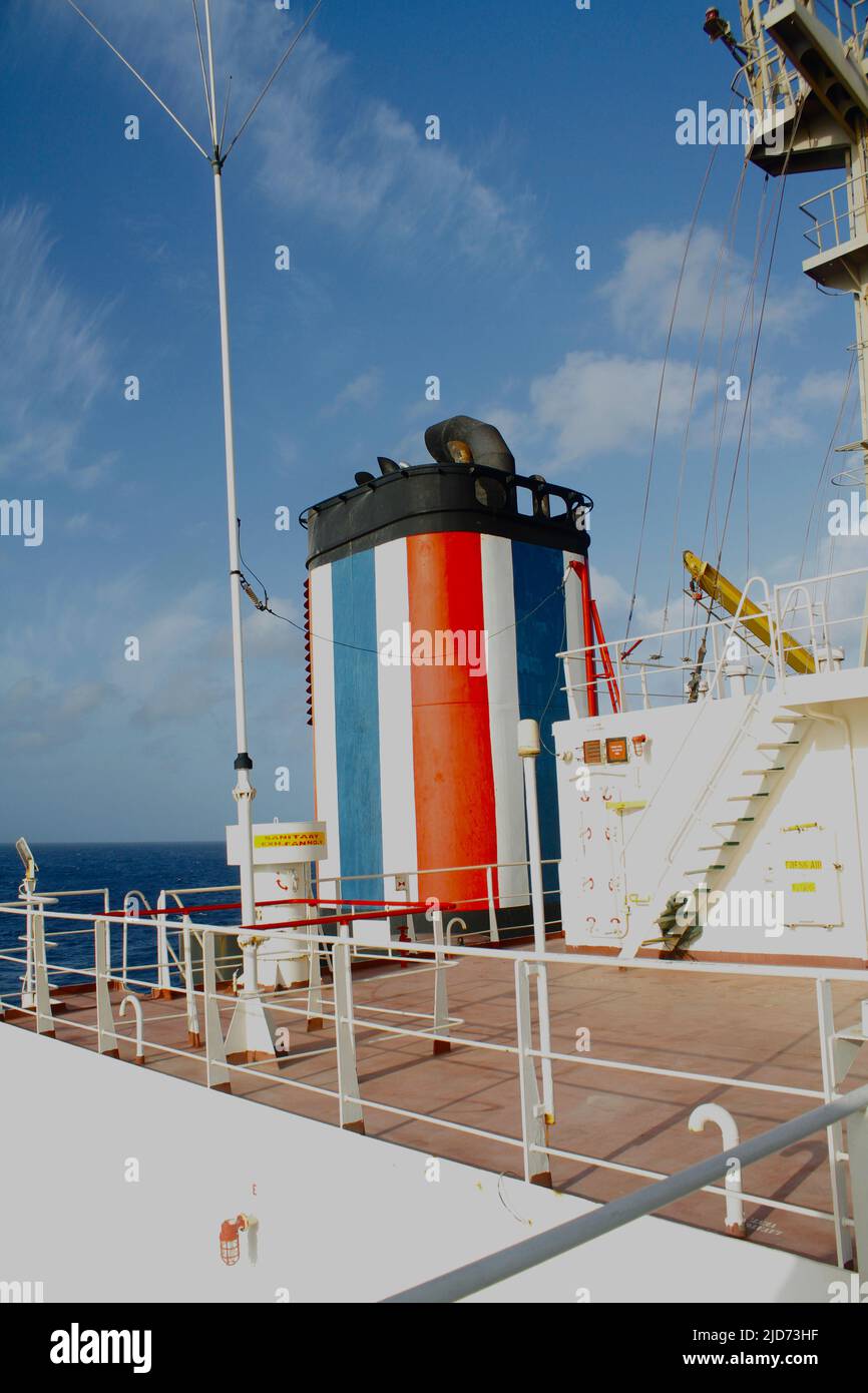 View of the colourful funnel of a merchant ship at sea Stock Photo - Alamy
