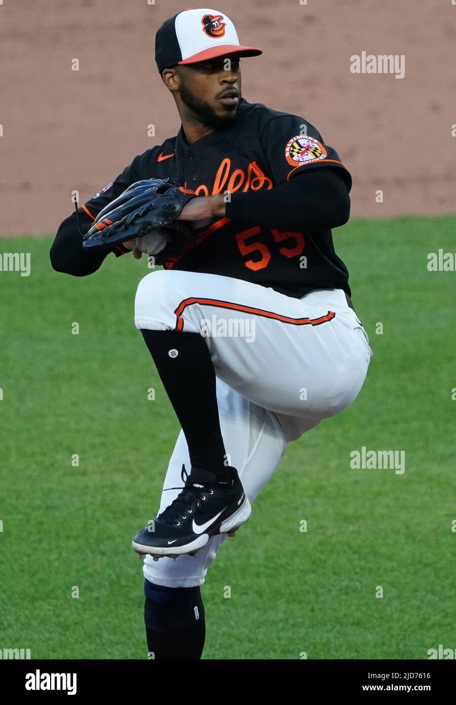 Baltimore, USA. 18th June, 2022. BALTIMORE, MD - JUNE 18: Baltimore Orioles relief pitcher ...