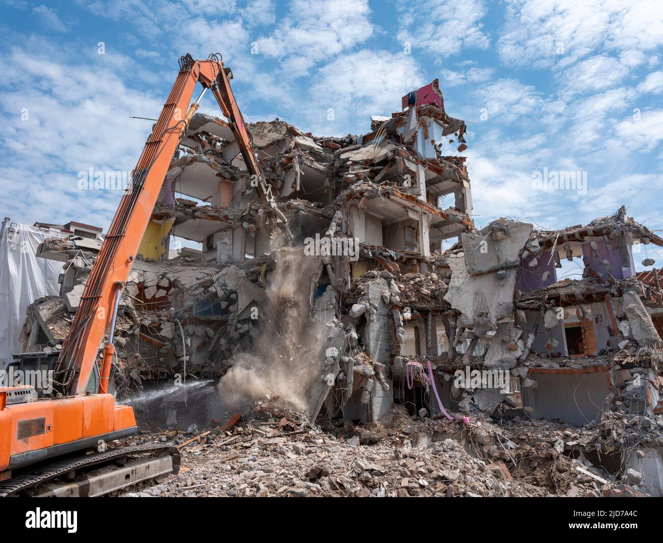 Building House Demolition site Excavator with hydraulic crasher machine ...