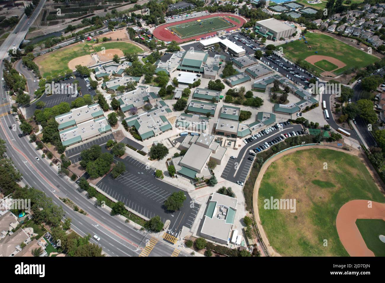 A general overall aerial view of the Moorpark High School campus and ...