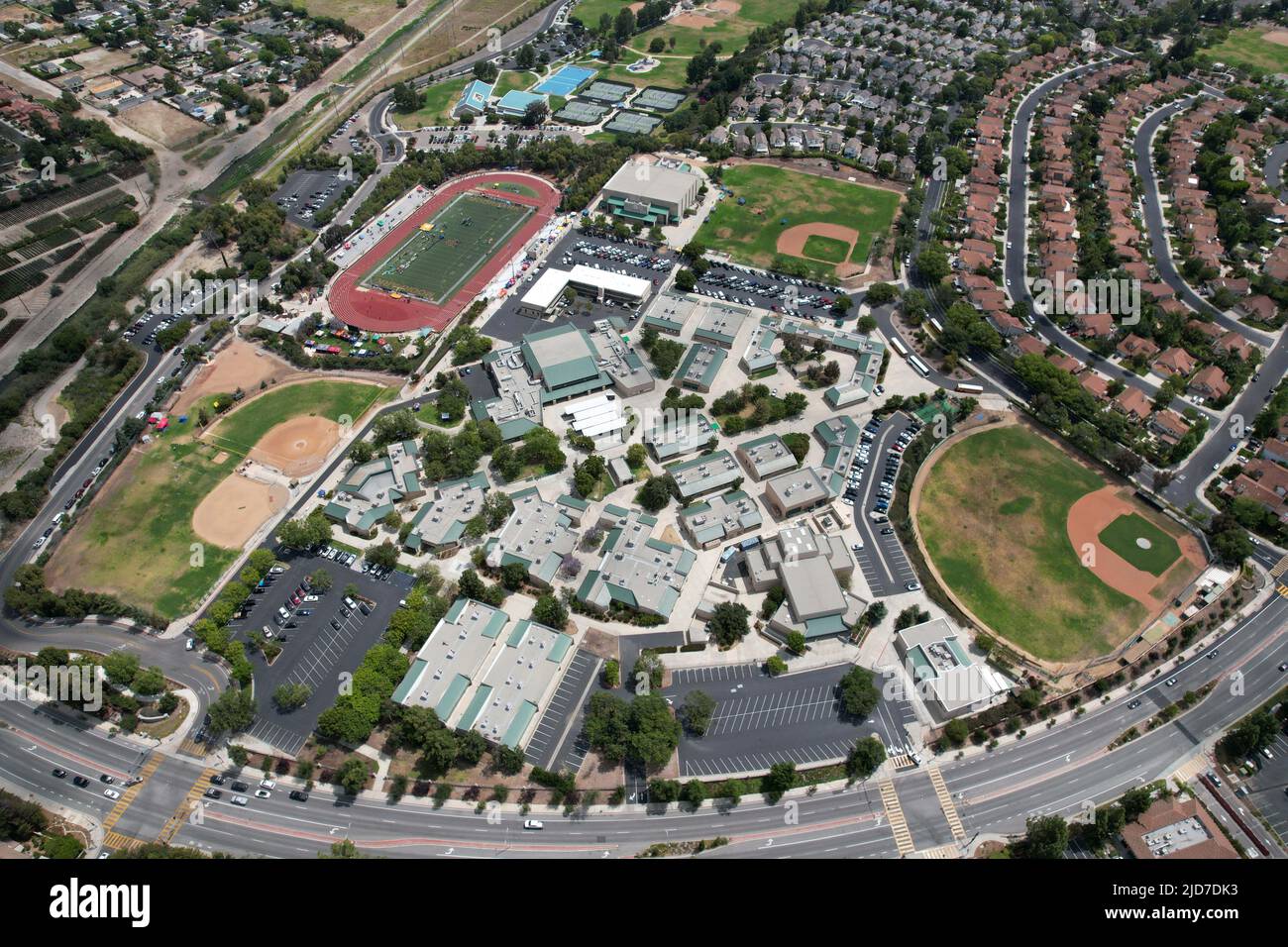 A general overall aerial view of the Moorpark High School campus and ...