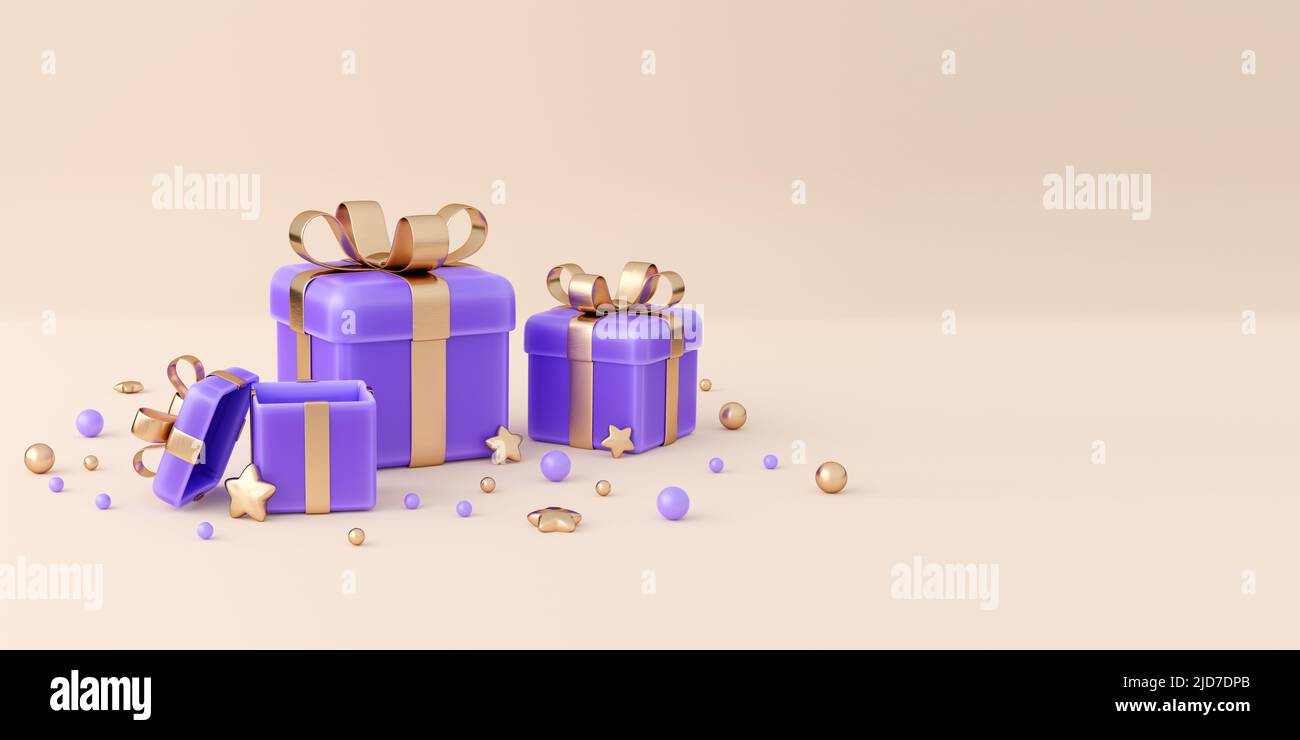 Realistic violet gift box with golden ribbon bow background. Concept of ...