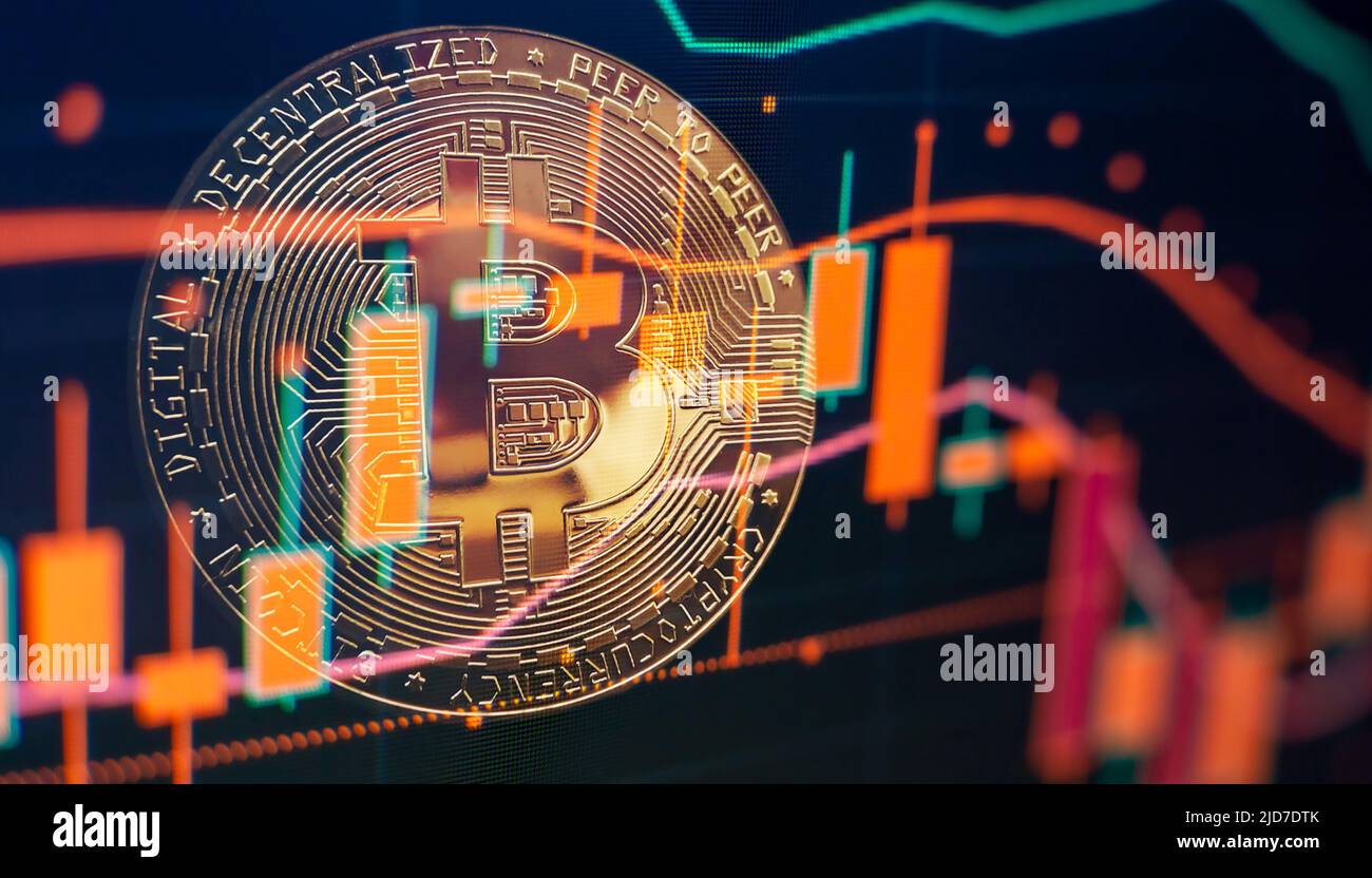 Bitcoin price crash in front of a red abstract virtual background ...