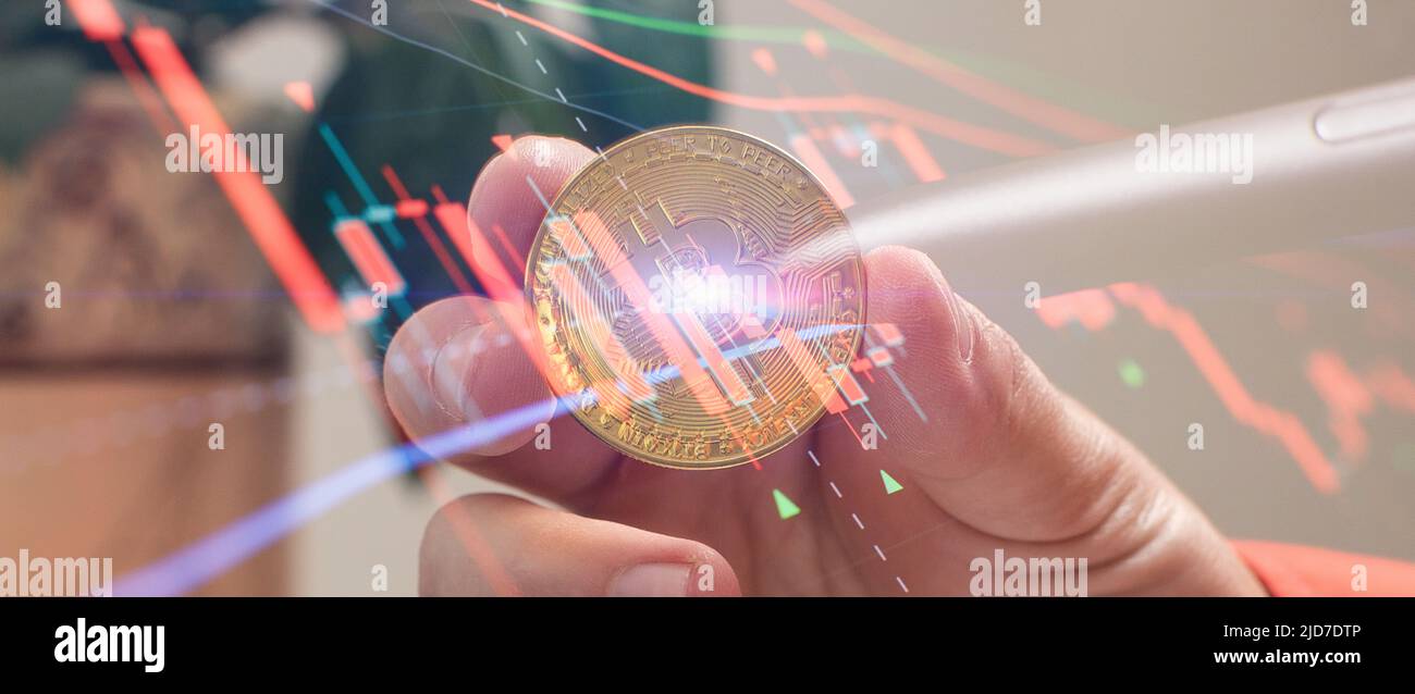 Bitcoin price crash in front of a red abstract virtual background ...