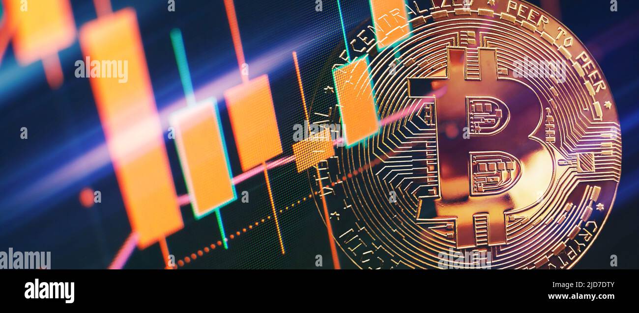 Bitcoin price crash in front of a red abstract virtual background ...