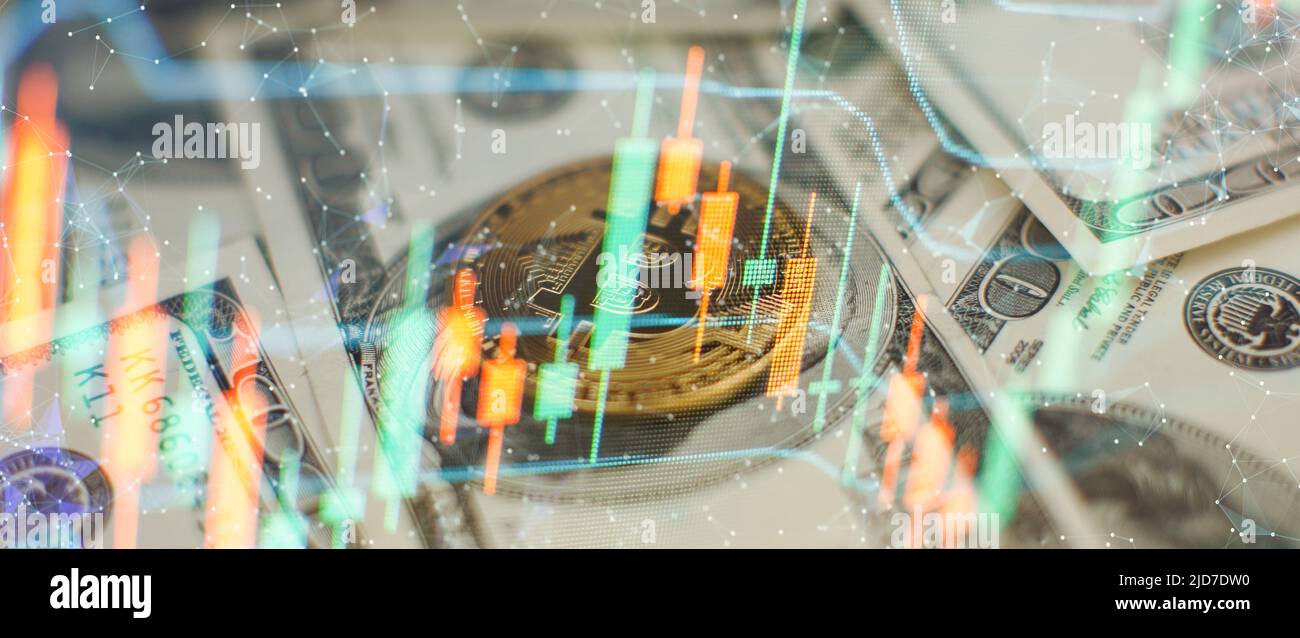 Gold bitcoins with Candle stick graph chart and digital background ...