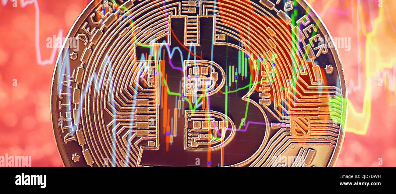 Bitcoin gold coin and defocused chart background. Virtual cryptocurrency concept. Stock Market ...