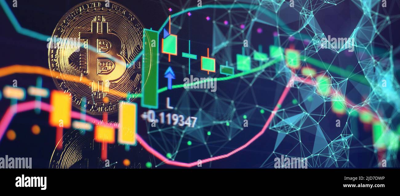 Bitcoins with Candle stick graph chart and digital background. Mining or block chain technology ...