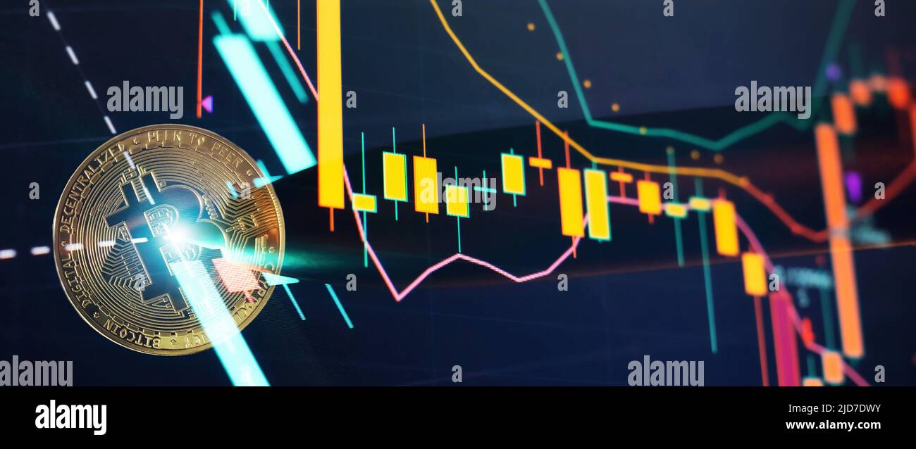 Bitcoins with Candle stick graph chart and digital background. Mining ...