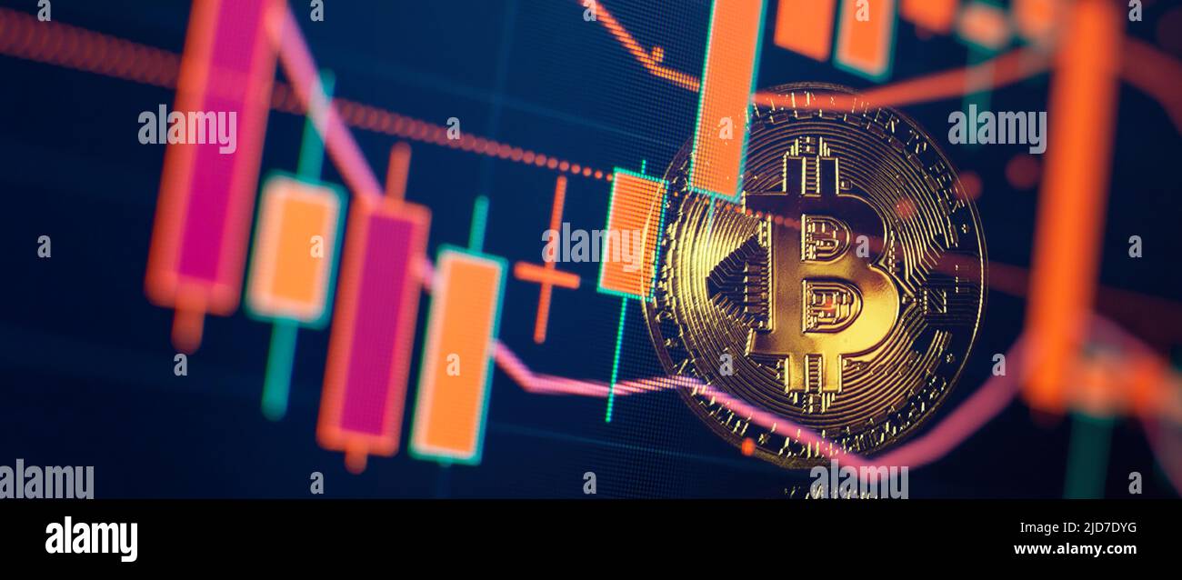 Bitcoin price crash in front of a red abstract virtual background ...