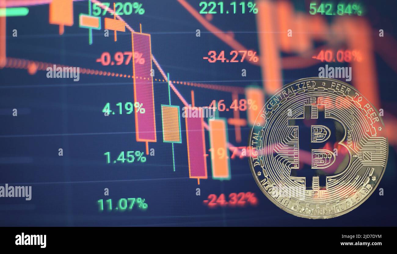 Bitcoin price crash in front of a red abstract virtual background ...