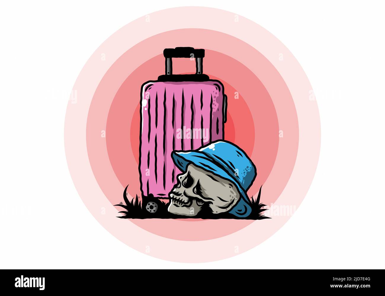 Illustration design of a skull head wearing a hat under a traveling ...