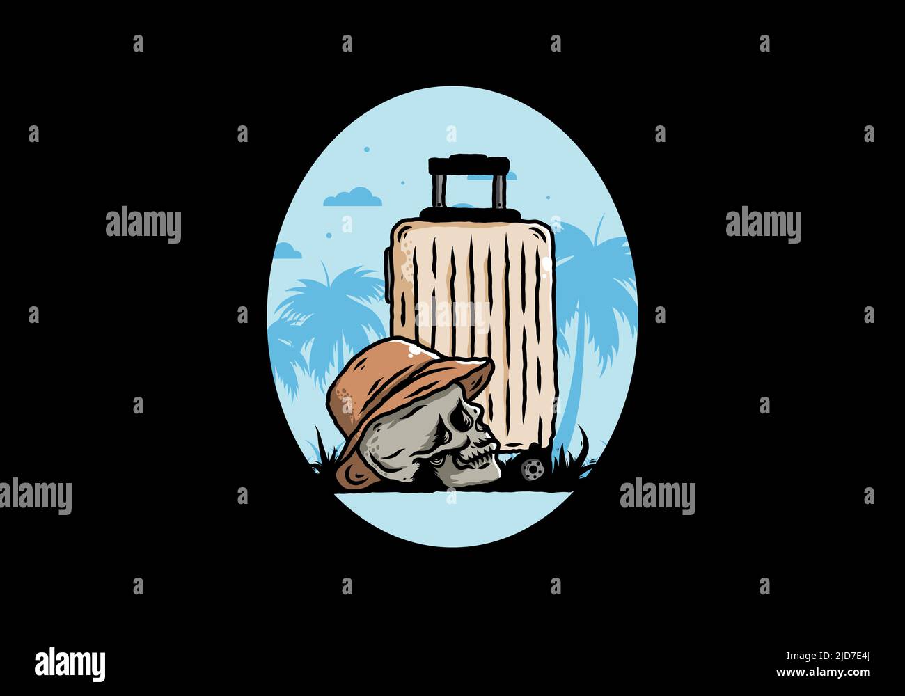 Illustration design of a skull head wearing a hat under a traveling ...