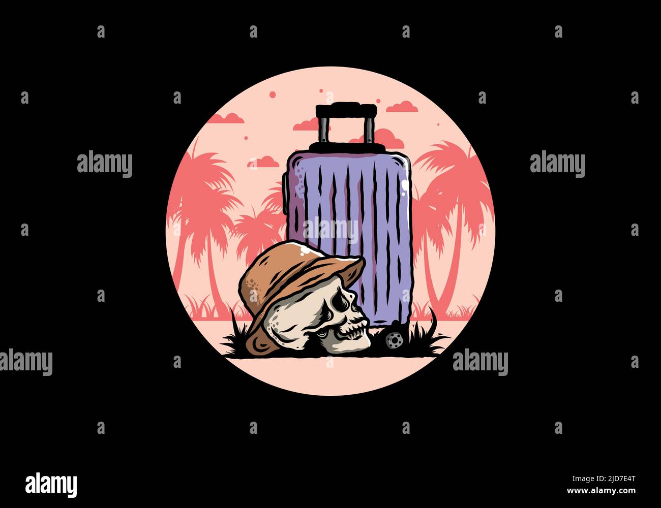 Illustration design of a skull head wearing a hat under a traveling ...