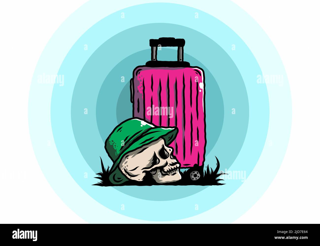 Illustration design of a skull head wearing a hat under a traveling ...