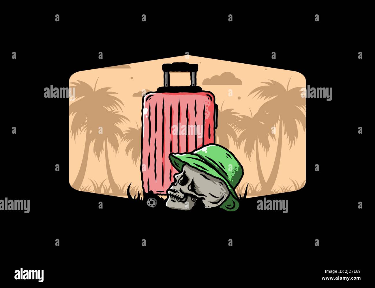 Illustration design of a skull head wearing a hat under a traveling ...